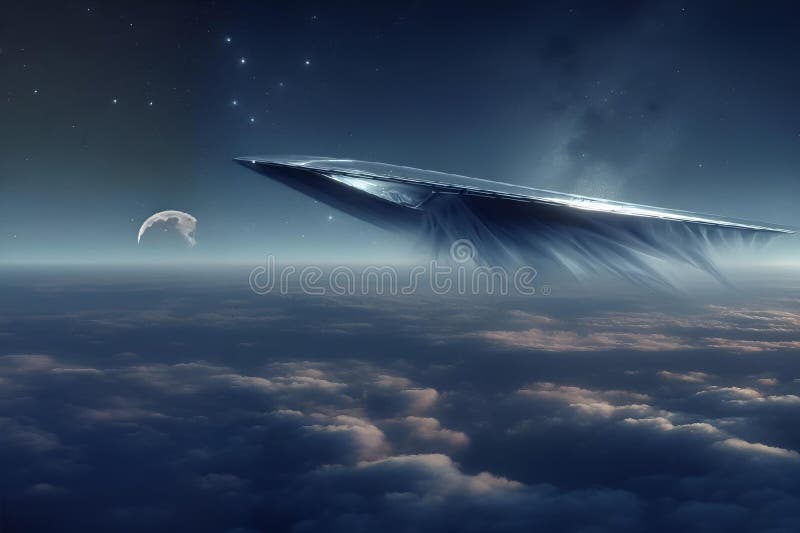 A Flying Spaceship is Floating in the Sky Over Clouds and Planets Stock ...