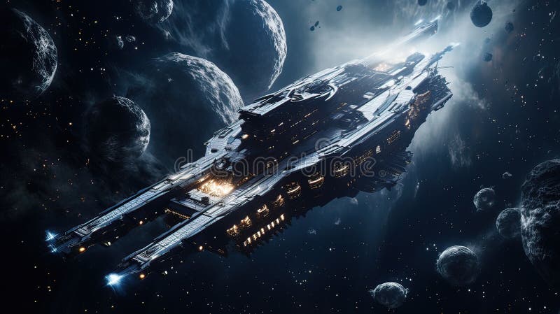 A Spaceship that is Flying through the Air Near Some Planets Stock ...