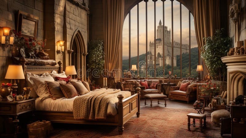 AI Generated Illustration of a Spacious Castle Bedroom with a View of a ...