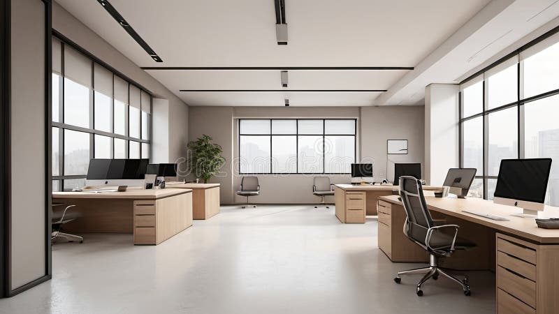 Large Empty, Modern, Office with Multiple Desks and Three Screens Stock ...