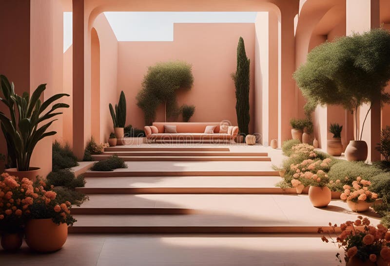 A Large Courtyard Area with Potted Trees and Several Bushes Stock ...