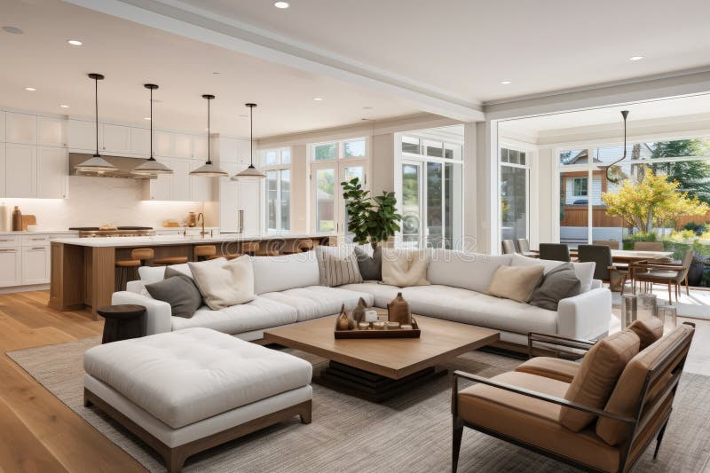 Large Open Concept Living Room with Couches, Dining and Kitchen Stock ...