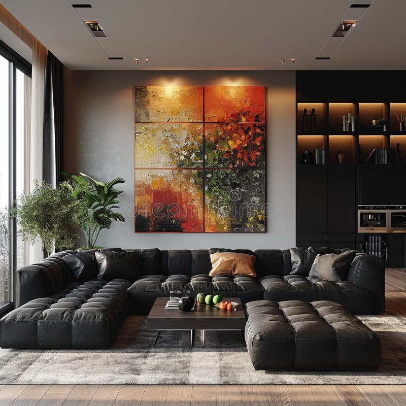 AI-generated Illustration of a Spacious Room Featuring a Black Couch ...