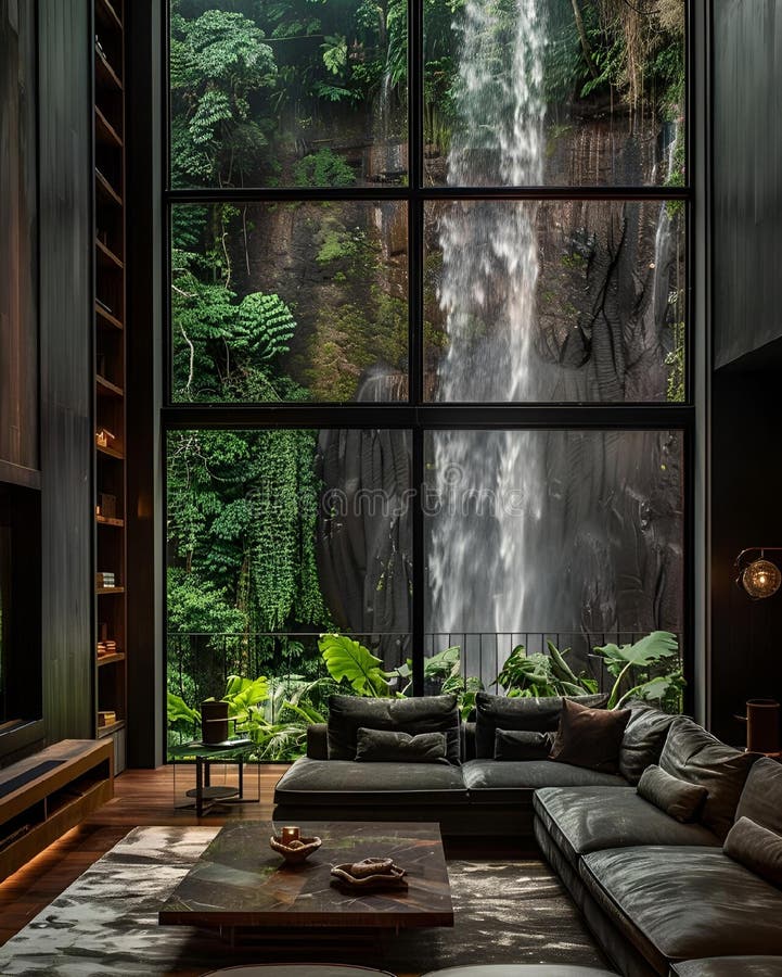 There is a Large Room with a Waterfall in the Background Stock ...