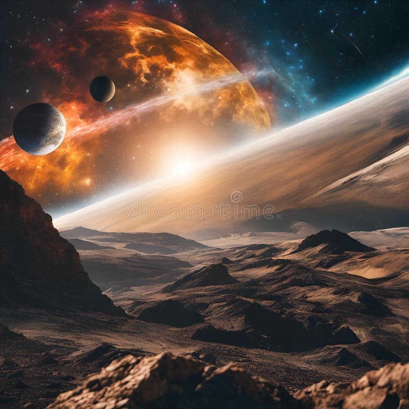 A Planet with Three Planets on it and Some Smaller Rocks Stock ...