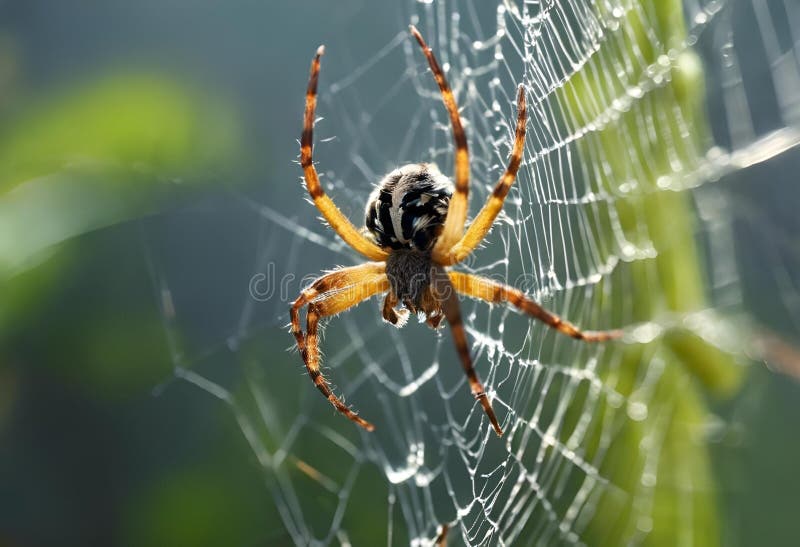 A Spider Sits on Its Web Outside in the Rain Gear Stock Illustration ...