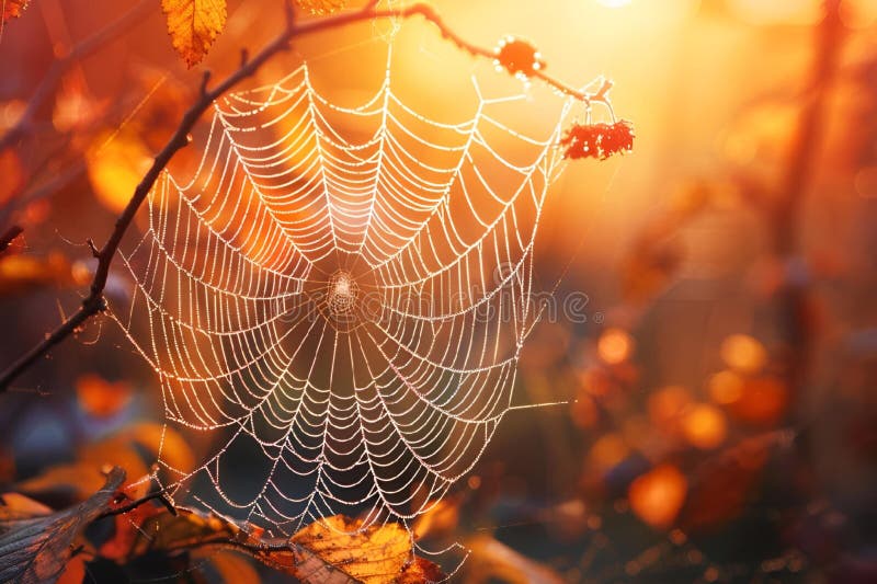 AI Generated Illustration of a Spider Web on a Tree at Sunset Stock ...