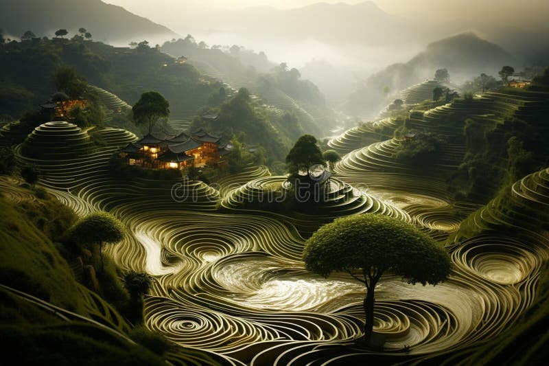 AI Generated Illustration of Spiral Vortex Fields in a Green Landscape ...