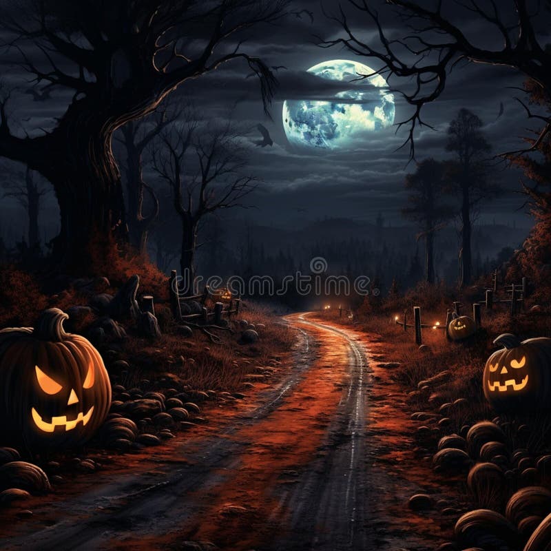 AI Generated Illustration of a Spooky Pathway with Carved Pumpkins ...