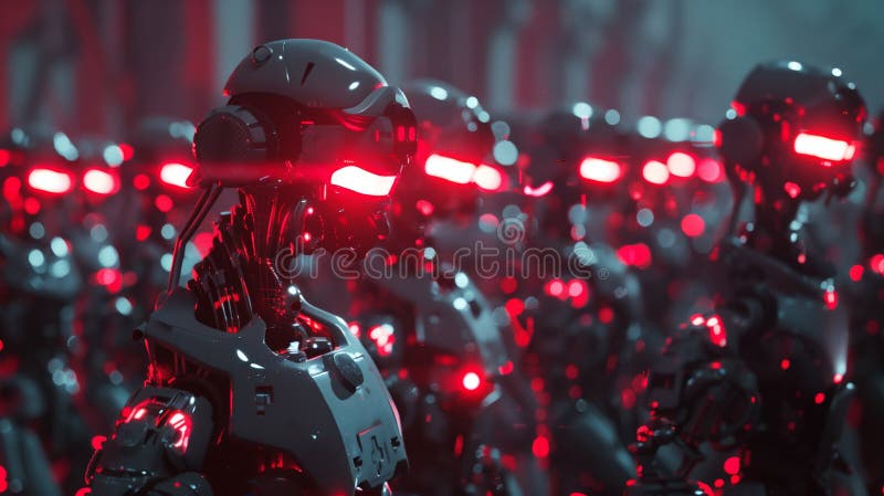 AI Generated Illustration of a Squadron of Advanced Robots Stands in ...