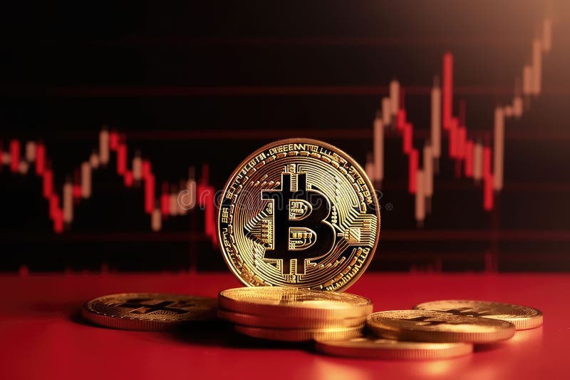 AI Generated Illustration of a Stack of Gold Bitcoins Topped with a Red ...