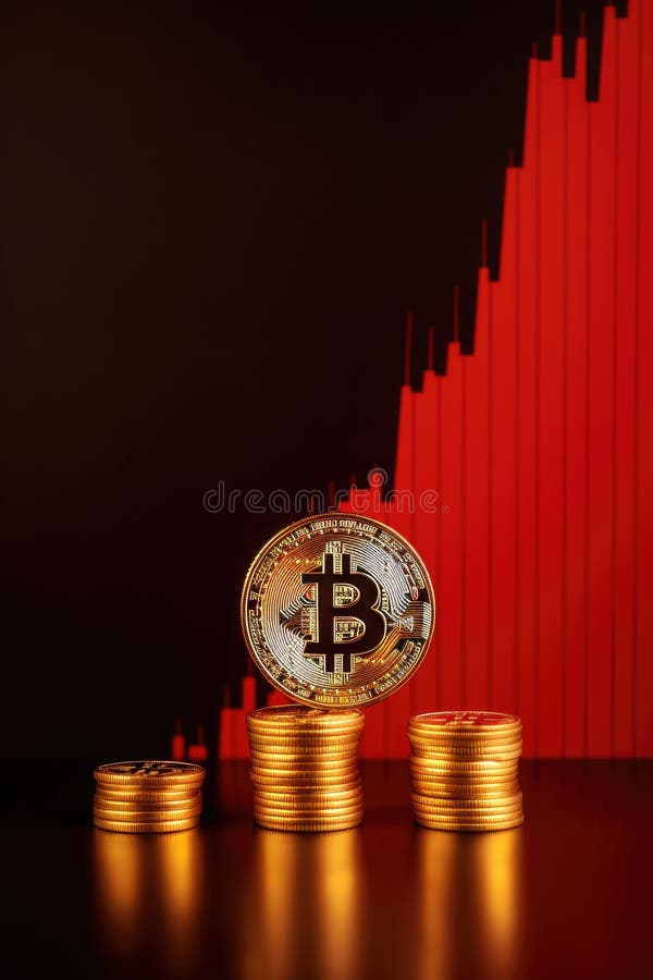AI Generated Illustration of a Stack of Gold Bitcoins Topped with a Red ...