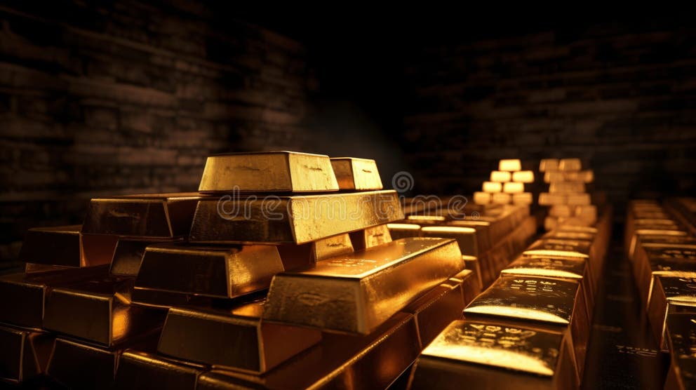 AI Generated Illustration of a Stack of Gold Bullion Bars in a Dimly ...