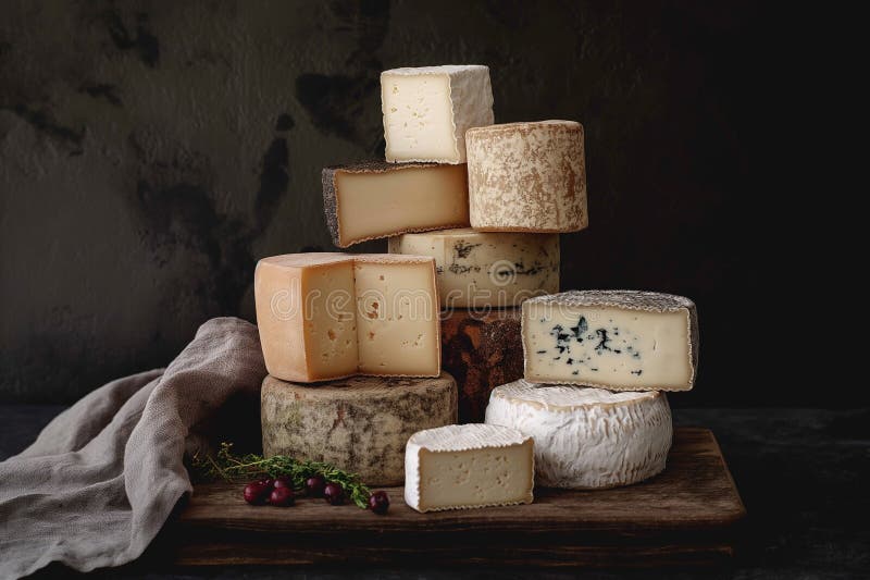 AI Generated Illustration of a Stack of Various Cheeses on a Wooden ...