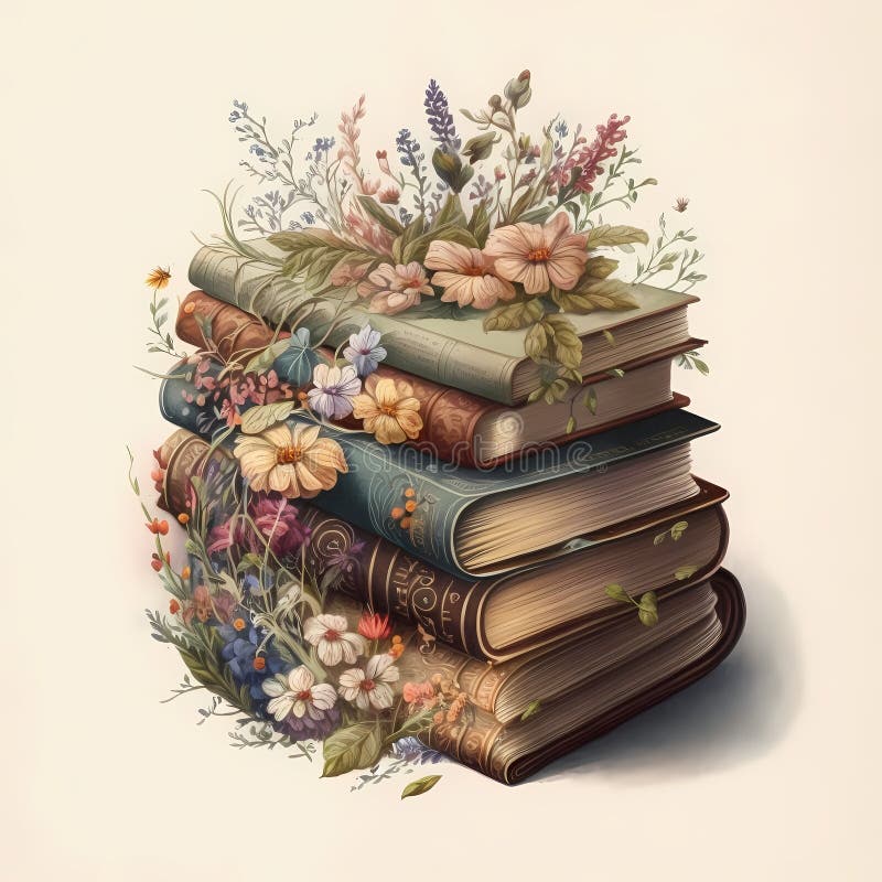 AI Generated Illustration of a Stack of Vintage Books with Flowers ...