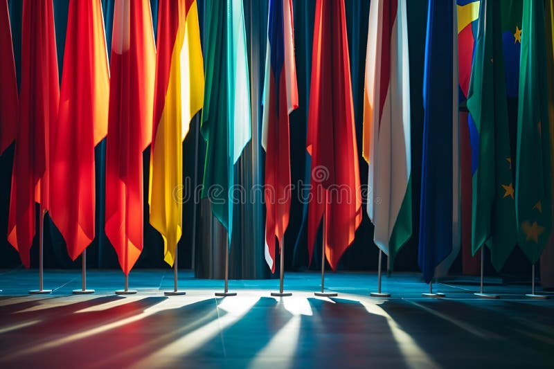 AI-generated Illustration of a Stage Setting with an Array of Flags in ...