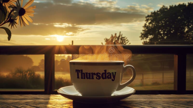 AI-generated Illustration of a Steaming Coffee Cup Labeled Thursday on ...