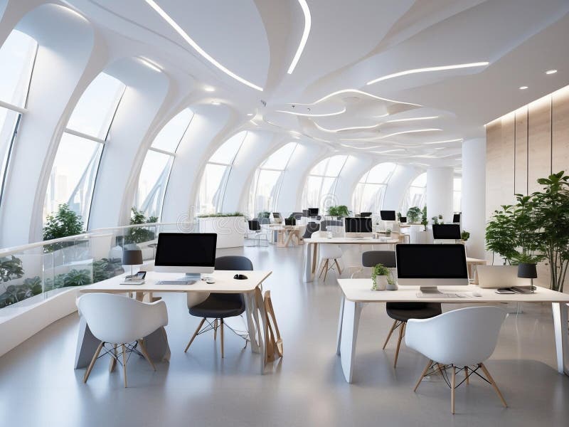 There is an Empty Computer Desk in this Office Building Setting Stock ...