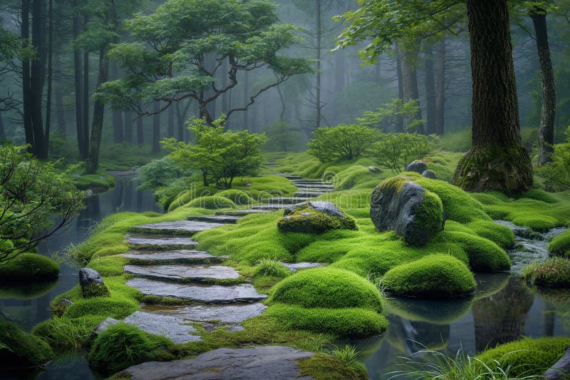 AI Generated Illustration of a Stone Pathways Covered in Moss Wind ...