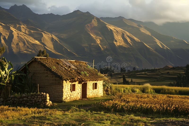 A Small Stone Building Standing in a Grass Field with Mountain Range ...