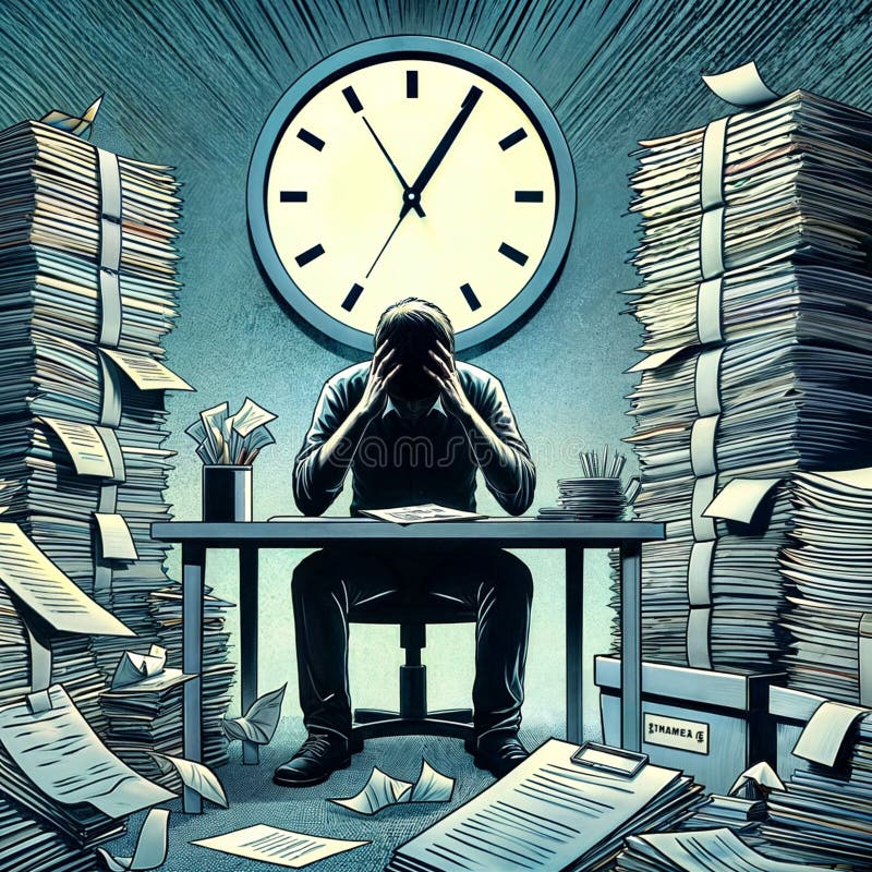 AI Generated Illustration of a Stressed Worker Surrounded by Stacks of ...