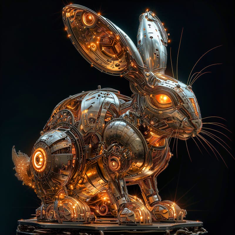 A Metal Rabbit Statue with Glowing Eyes Sitting in the Dark Stock ...