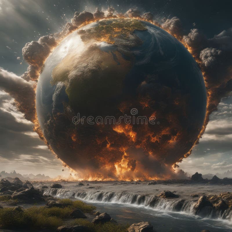 The Earth Exploding Up in Fire Over Water and Rocks Stock Illustration ...
