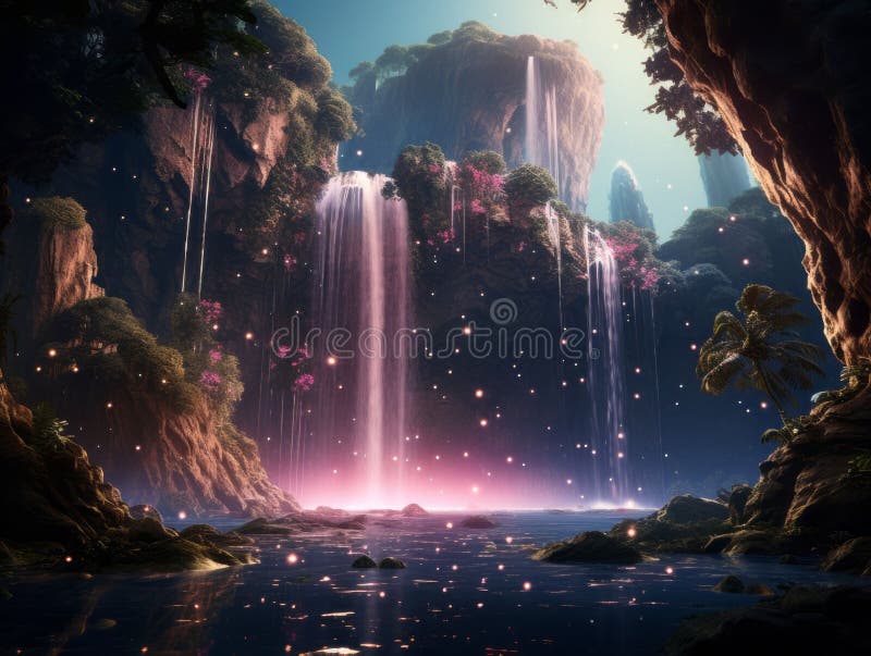 A Waterfall with a Star at Night Time in the Water Stock Illustration ...
