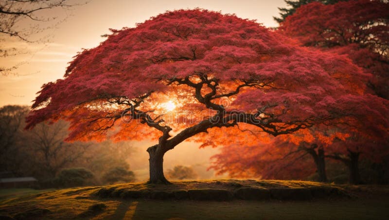 A Beautiful Red Tree in the Sun, Surrounded by Trees Stock Illustration ...