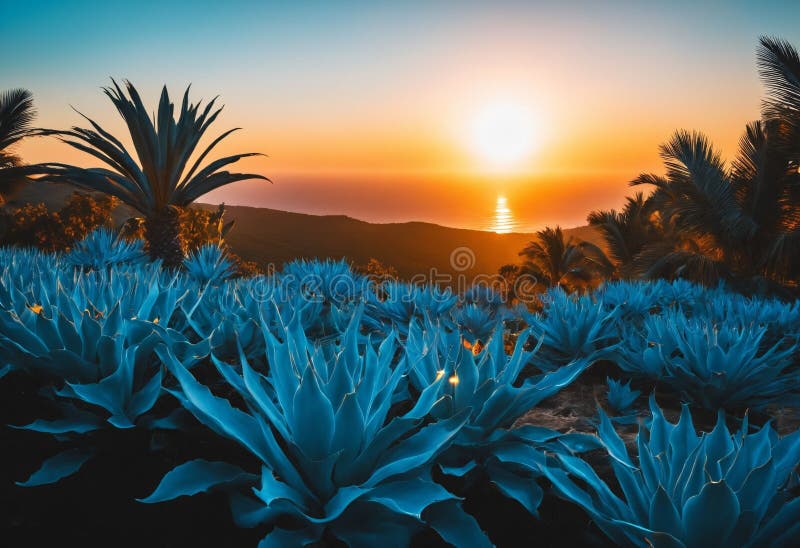 AI Generated Illustration of a Stunning Sunset Over a Line of Blue ...