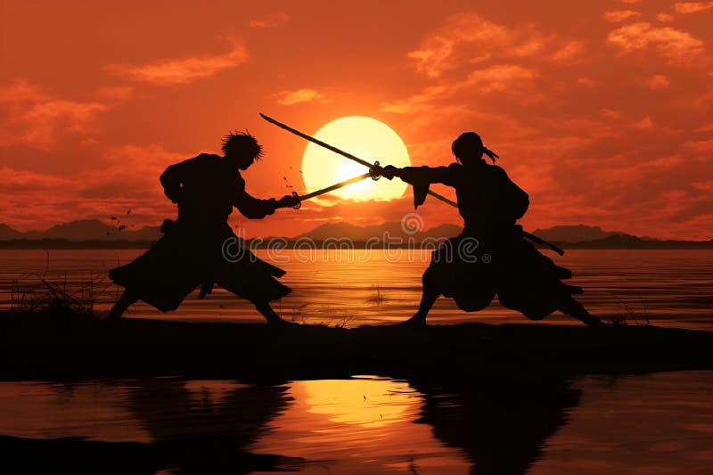 AI Generated Illustration of a Stunning Sunset Setting with Two Samurai ...