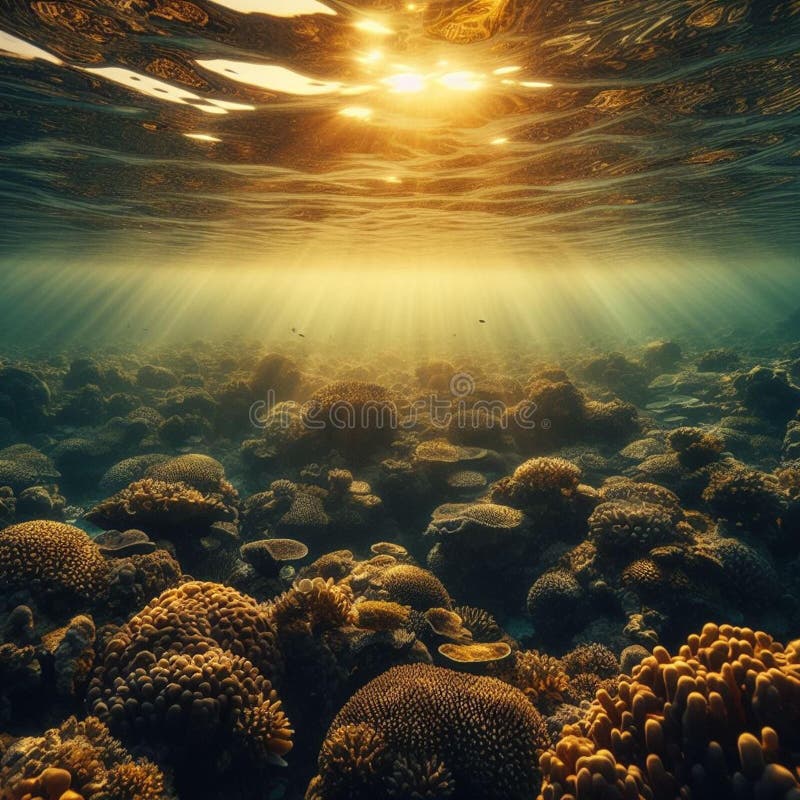 The Sun Shines through the Water Above Corals on the Ocean Floor Stock ...