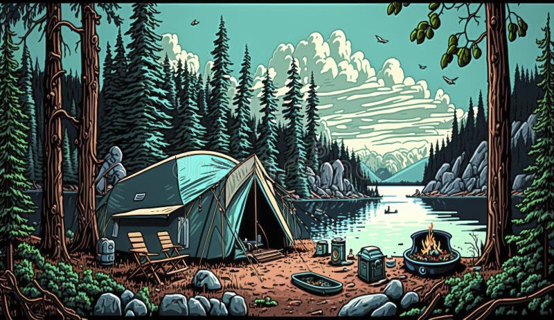 AI Generated Illustration from Summer Camp Scene Near Lake Stock ...