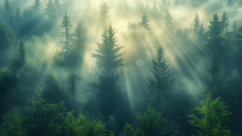 Mist is Covering the Trees As Sun Beams through the Clouds Stock Photo ...