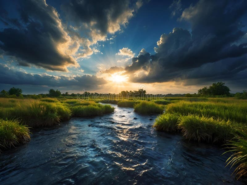 AI Generated Illustration of the Sun Setting Over Distant Fields with ...