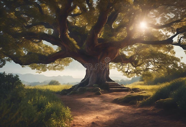 Sun Shines through the Tree Over a Path Leading To a Path with Steps ...