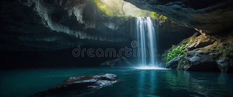 A Waterfall Cascada with Sunlight Entering into the Cave Stock Image ...