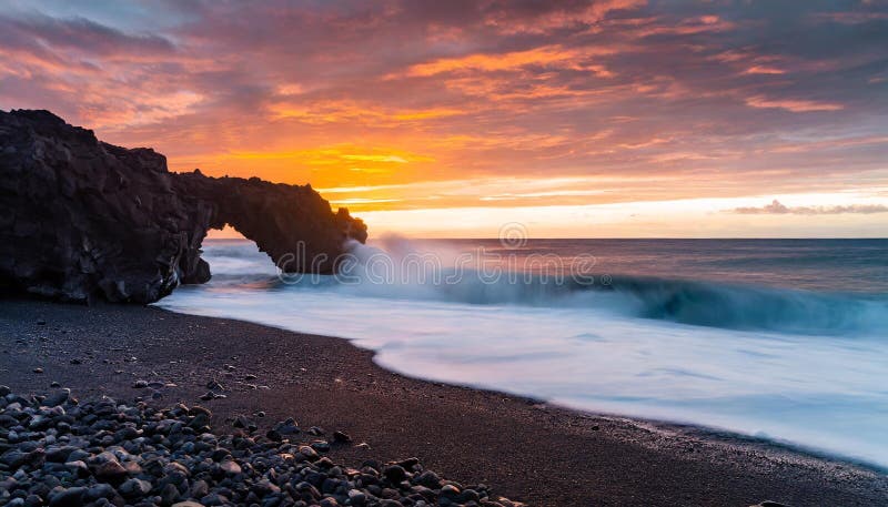 AI Generated Illustration of a Sunset Behind Cliffs, Waves Crashing ...