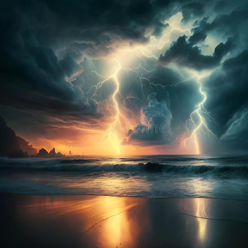 Lightning Over Beach Stock Illustrations – 639 Lightning Over Beach ...