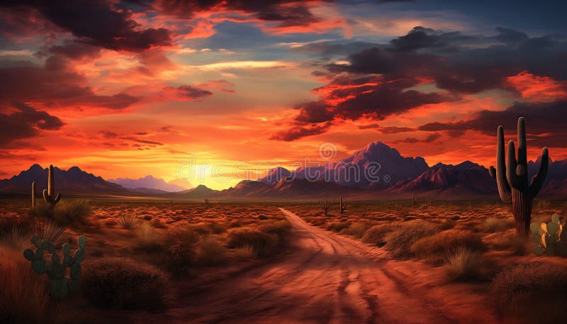 AI Generated Illustration of Sunset Over a Dirt Road in Arizona Stock ... AI Generated Illustration of Sunset Over a Dirt Road in Arizona Stock ...