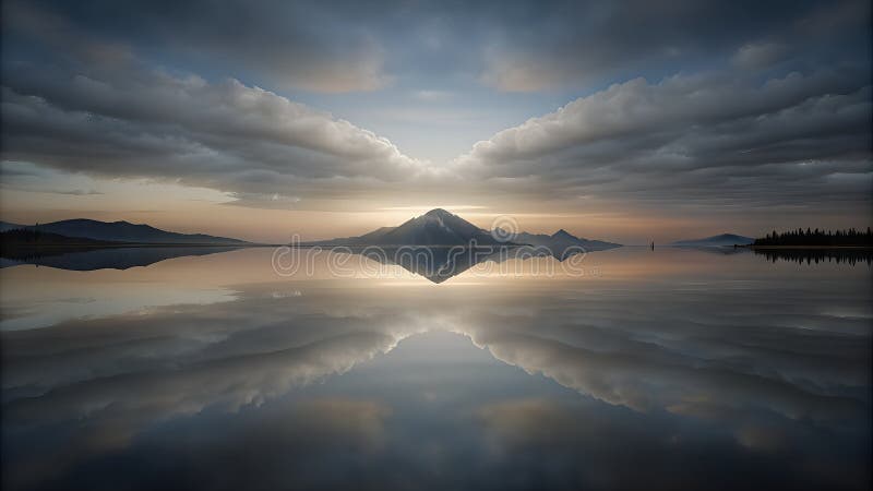 Symmetrical Reflection of Mountains Stock Illustration - Illustration ...