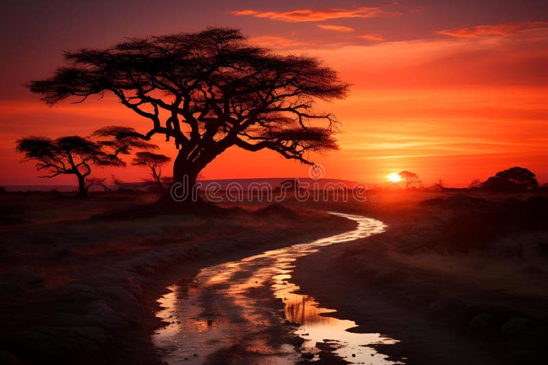 AI Generated Illustration of a Sunset Reflecting in a Slow-moving ...