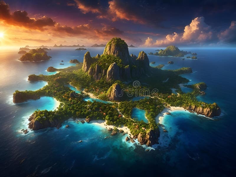 AI Generated Illustration of a Sunset View of an Island with Multiple ...