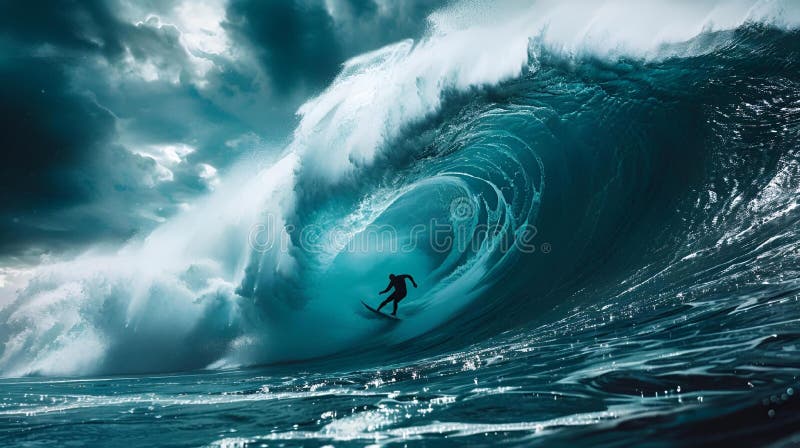 AI Generated Illustration of a Surfer Conquering a Huge Wave Under ...