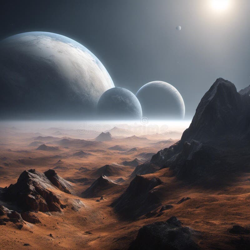 A Pair of Alien Planets Floating Over Some Distant Land in Stock ...