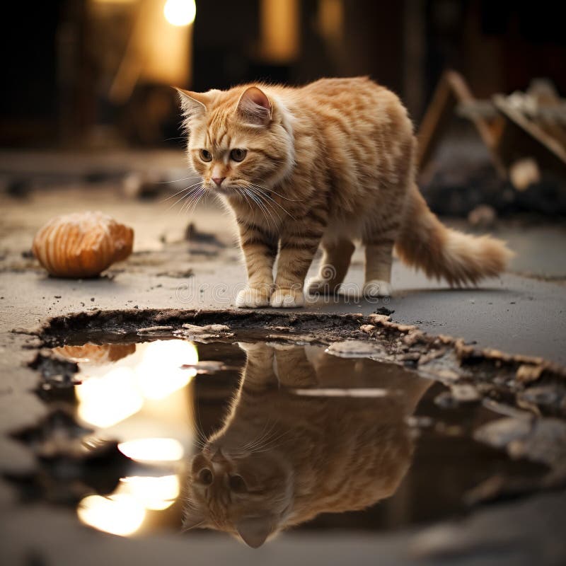 AI Generated Illustration of a Tabby Cat Standing at a Puddle on the ...