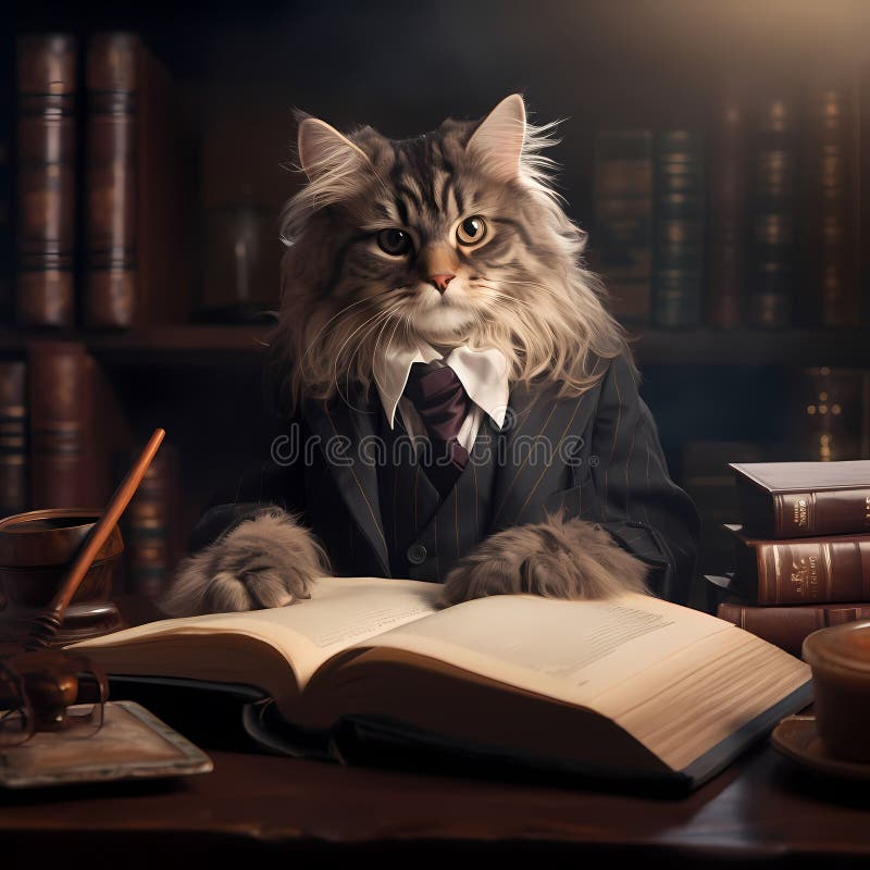 AI Generated Illustration of a Tabby Cat in a Suit, Reading a Book in ...