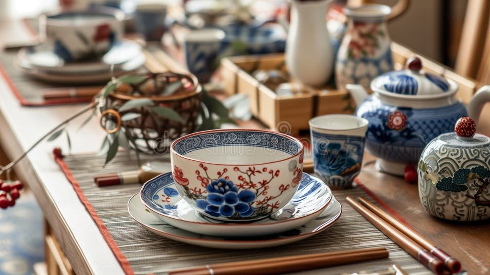A Table Setting Has Two Tea Pots on it and One is Set for Dinner Stock ...