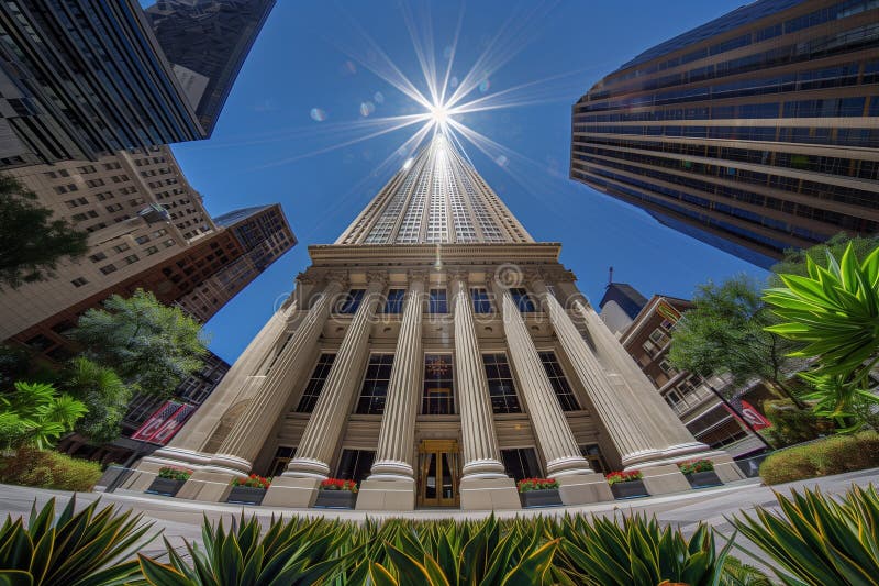 A Very Tall Building with Some Trees and Plants in Front Stock Photo ...
