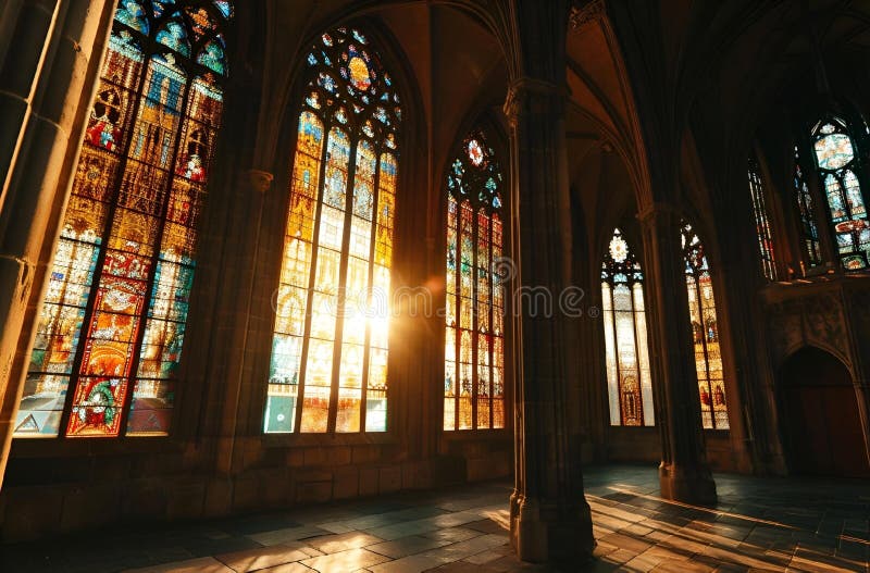 AI Generated Illustration of Tall Windows of a Cathedral Illuminated by ...